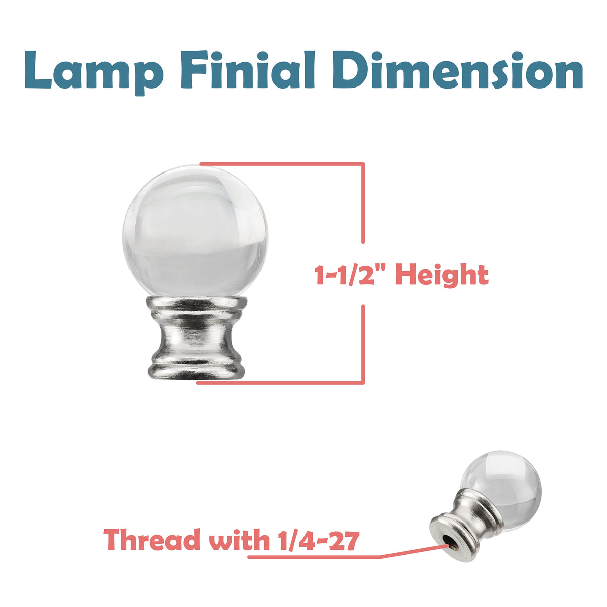 # 24014, 1 Pack Clear Glass Ball Lamp Finial in Nickel Finish, 1 1/2 ...